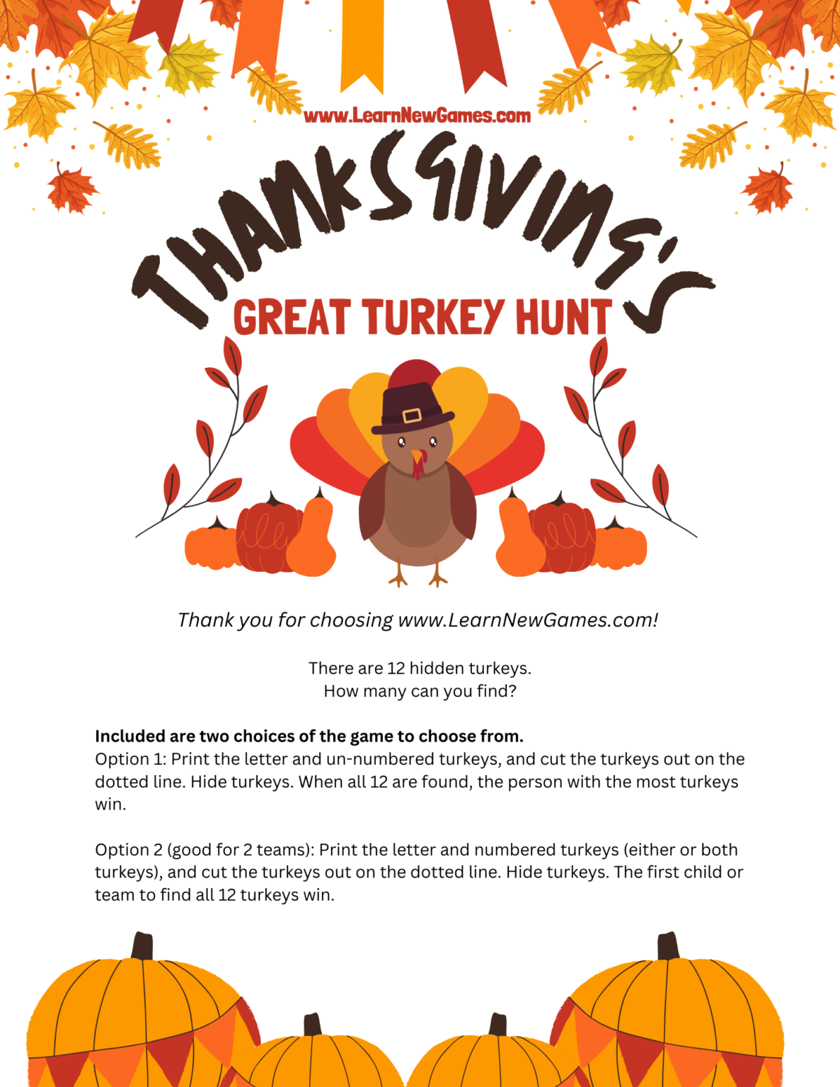 Thanksgiving Printable: Thanksgiving’s Great Turkey Hunt – Learn New Games